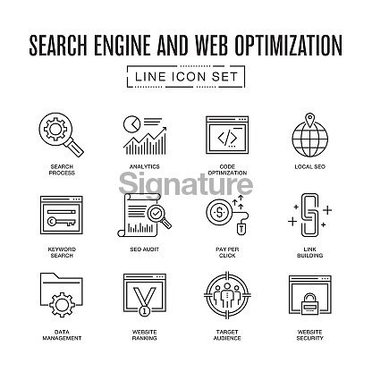 Search Engine and Web Optimization Line Icon Set 이미지 (825175618) - 게티이미지뱅크
