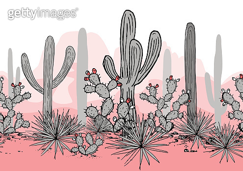 Hand drawn seamless pattern with mountains, saguaro, blue agave, and ...