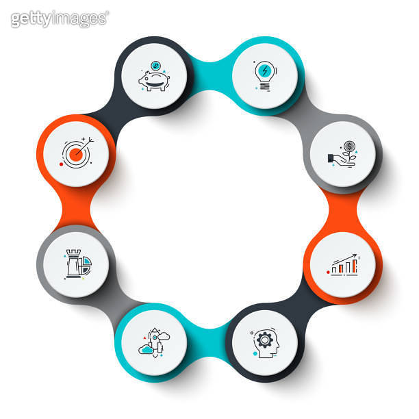 Business data visualization. Abstract elements of cycle diagram with 8 steps, options or ...