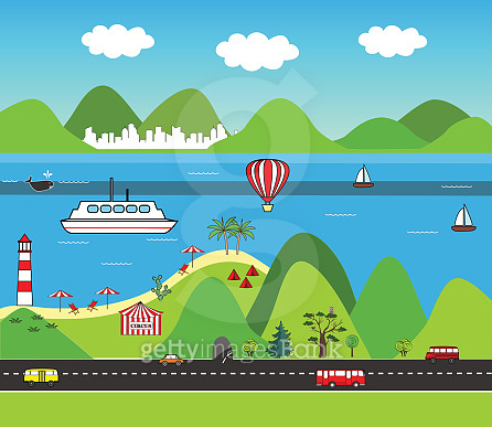 Cartoon vector map. Flat Design Nature Scene. Sea Landscape with ...