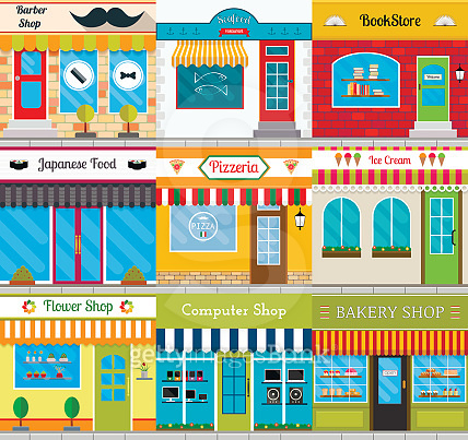Set of different store fronts in flat style. Vector collection of small ...
