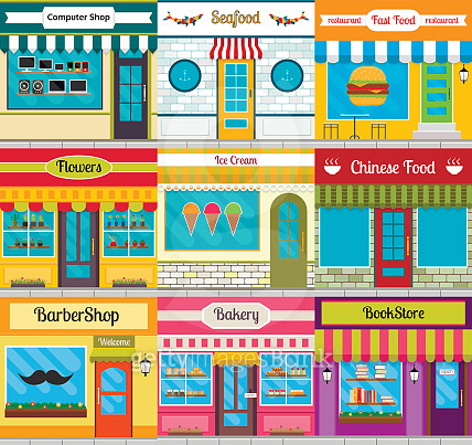 Set of different store fronts in flat style. Vector illustration of ...