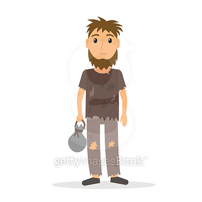 Homeless man. Beggar in rags. Vector illustration in flat style ...