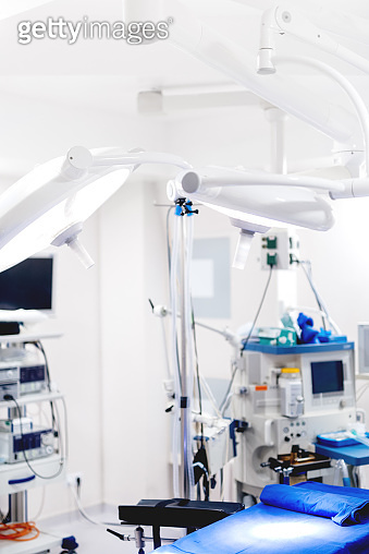 Surgery ready medical room, interior of operating room with surgical ...