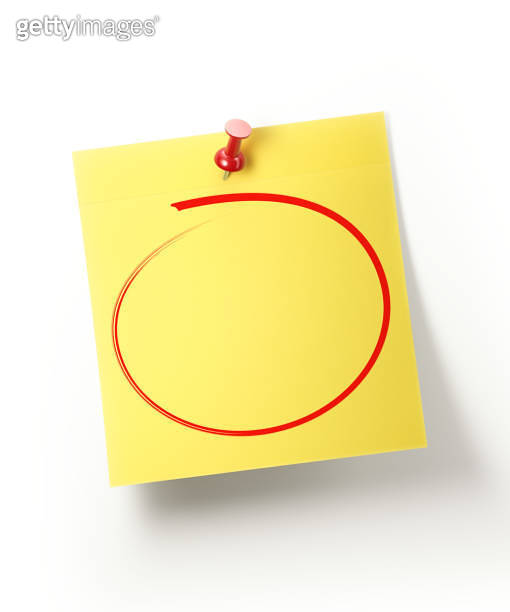Yellow Sticky Note with Red Circle Drawing and Red Push Pin on White ...