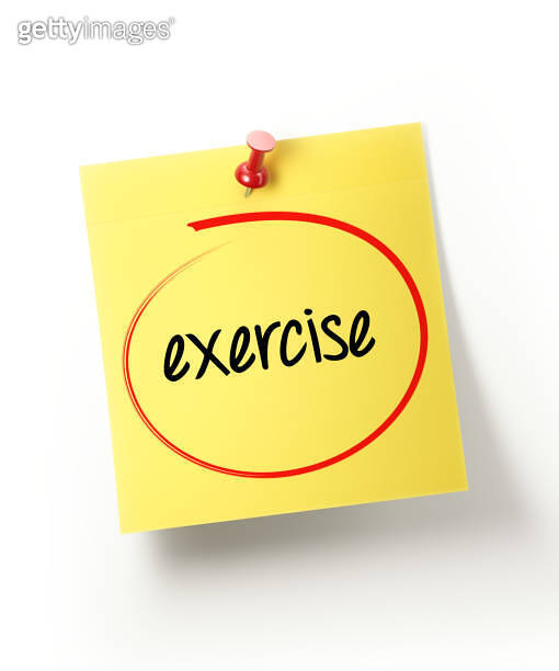 Yellow Sticky Note with Exercise Message and Red Push Pin on White 이미지 ...