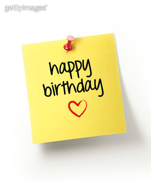 Yellow Sticky Note with Happy Birthday Message and Red Push Pin on ...