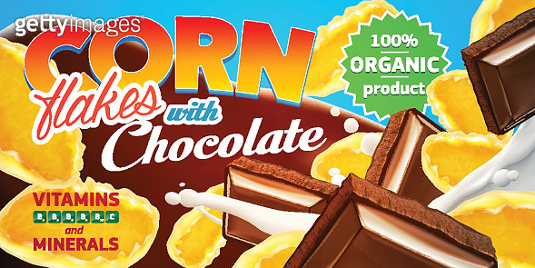 Realistic corn flakes with chopped chocolate ad illustration with big ...