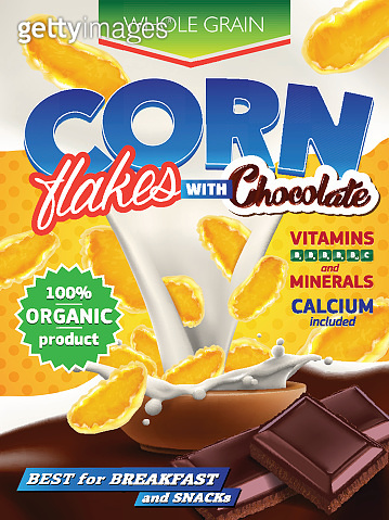 Realistic corn flakes with chopped chocolate ad illustration with big ...