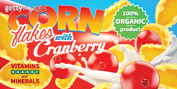 Realistic corn flakes with cranberry ad illustration with big milk ...