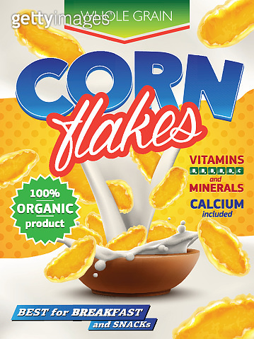 Realistic corn flakes ad illustration with big milk splash. High ...