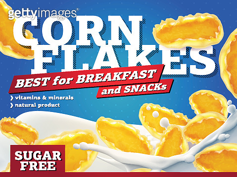 Realistic corn flakes ad illustration with big milk splash. High ...