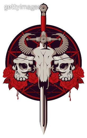 emblem with skulls, sword, roses and pentagram 이미지 (872378094) - 게티이미지뱅크