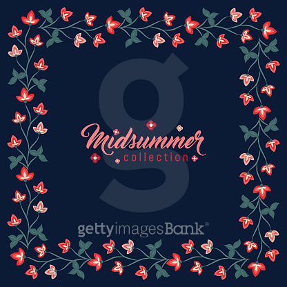 Midsummer floral vintage frame, Jacobean embroidery style flowers ...