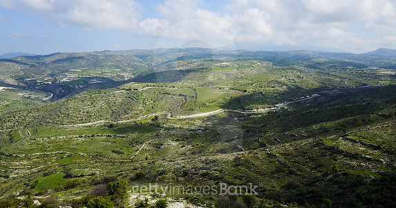 Flight over the cedar valley. landscape of mountains in the mist Cyprus ...