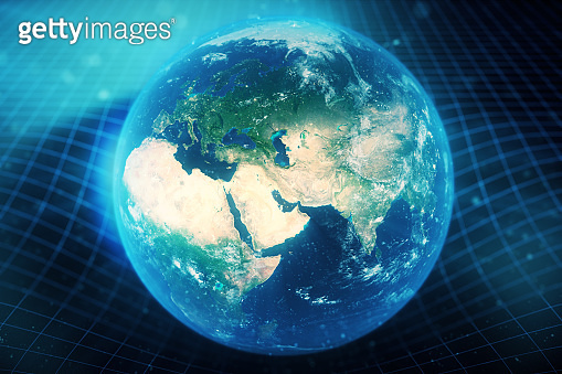 3D illustration Earth's and Sun gravity bends space around it. With ...