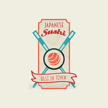 Japanese sushi vector label or badge design template with roll and two ...