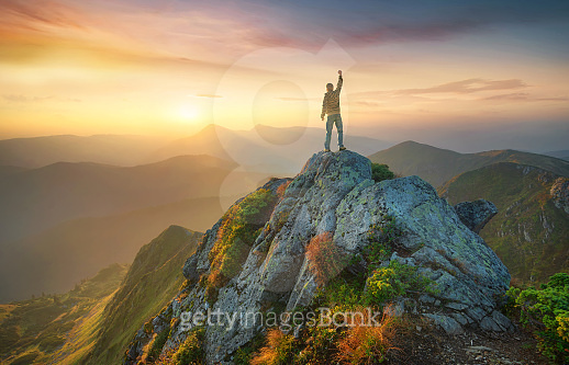 Tourist on the peak of high rocks. Sport and active life concept 이미지 ...