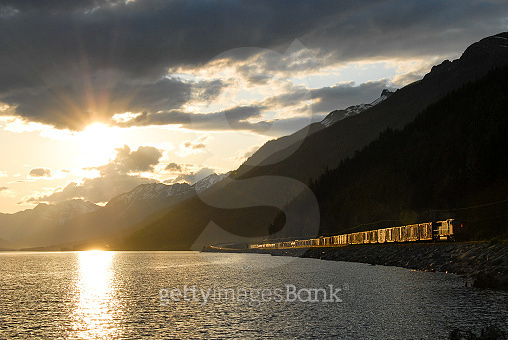 Moose Lake and Freight Train in the Spring Evening, Mount Robson ...