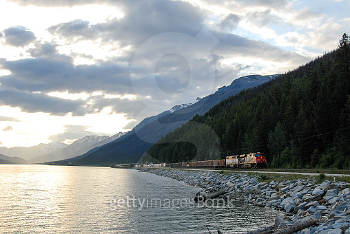 Moose Lake and Freight Train in the Spring Evening, Mount Robson ...
