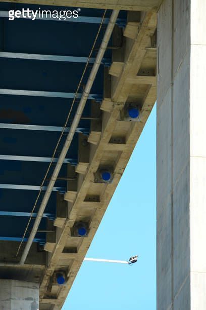 Cable-stayed bridge deck seen from below showing the anchorage of the ...