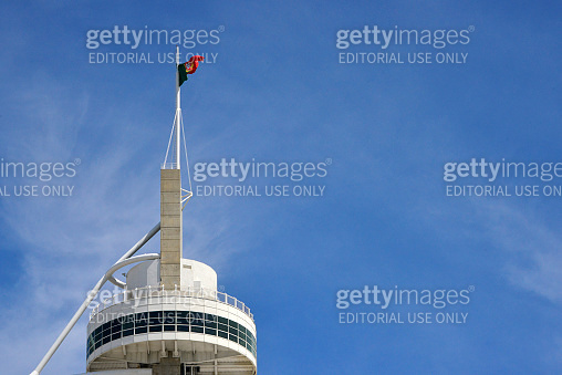 Vasco da Gama tower - top floor with Portuguese flag, Lisbon, Portugal ...