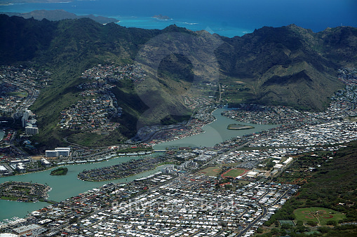 Aerial view of Kuapa Pond, Hawaii Kai Town, Windward coast 이미지 ...