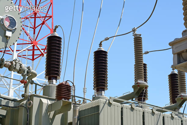 High voltage transformer and telecommunication pylon in electric power ...