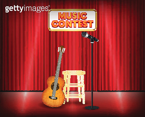 music contest stage with guitar and microphone 이미지 (832801800) - 게티이미지뱅크
