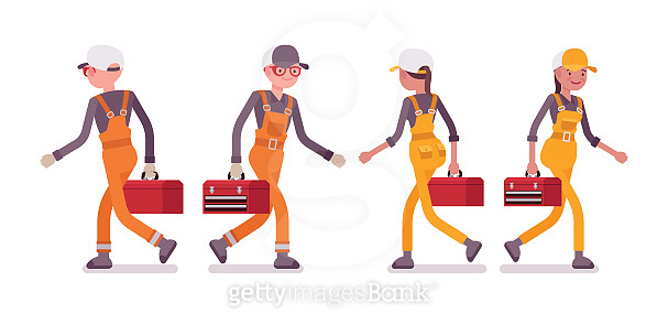 Set of male and female worker walking, wearing bright overall ...