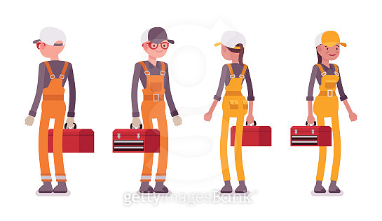 Set of male and female worker standing, wearing bright overall 이미지 ...
