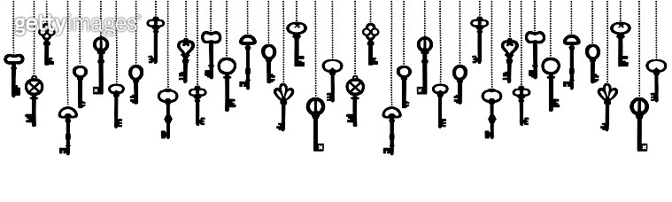Keys icons set, silhouettes, seamless pattern. Keys signs and symbols ...