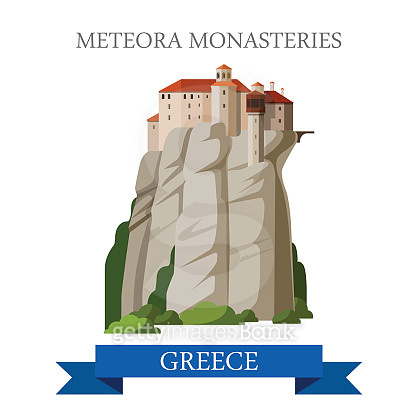 Meteora Monasteries Greek Orthodox in Greece. Flat cartoon style ...