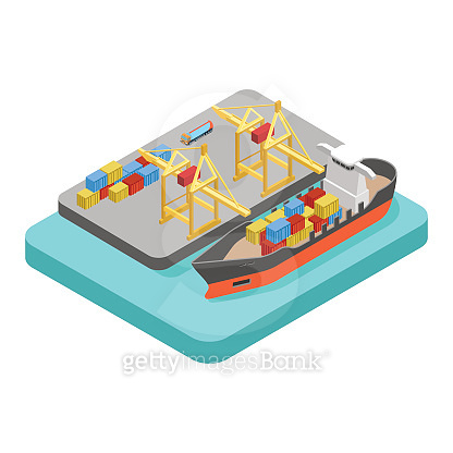 Flat 3d isometric nautical transport cargo shipping harbor dock port ...