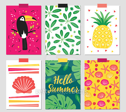 Set of six greeting cards with toucan, tropical leaves, pineapple 이미지 ...