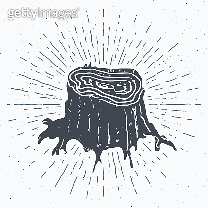 Tree stump vintage label, Hand drawn sketch, grunge textured retro ...