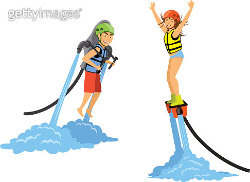 Man and woman flyboarding and ride water jetpack. extreme water sport ...