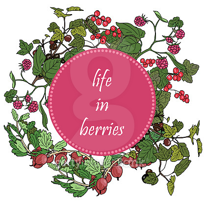 Set of garden berries and green twigs in circle badge, blackberry ...