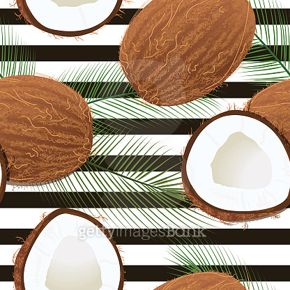 Seamless vector summer pattern with coconut and palm leaves on black striped background 이미지 ...