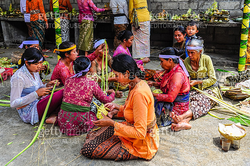 Balinese Women Prepare The Offerings For The Full Moon Ritual In Tirta