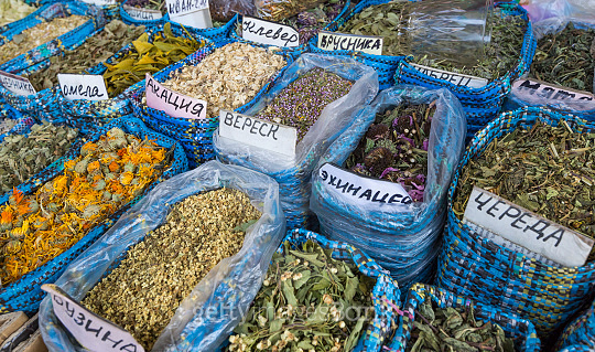 Dried herbs flowers spices in the spice souq at local market in Odessa ...
