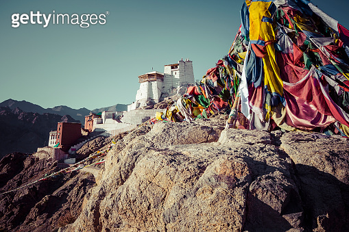 Prayer tibetan flags near the Namgyal Tsemo Monastery in Leh, Ladakh ...