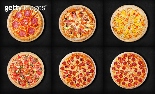 Six different pizza set for menu. Pizza with salami, pizza with ... Six different pizza set for menu. Pizza with salami, pizza with ...