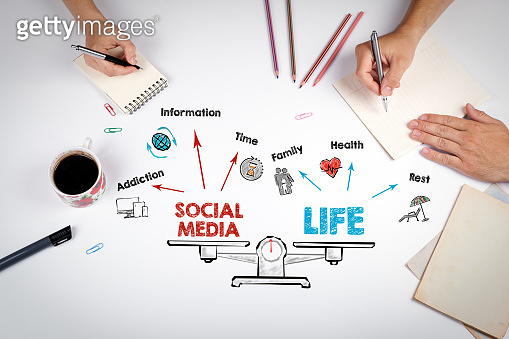 social media life balance. Chart with keywords and icons. The meeting ...
