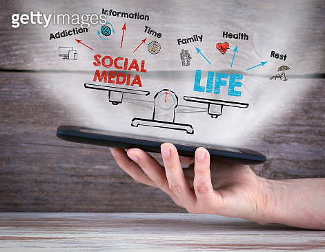 social media life balance. Chart with keywords and icons. Tablet ...
