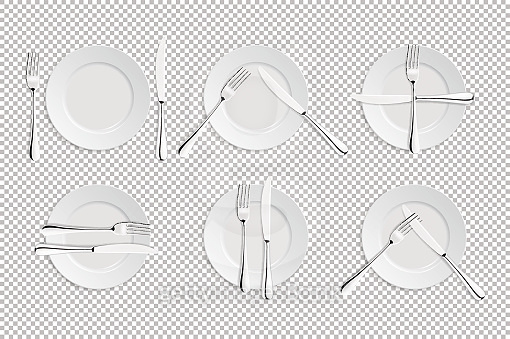 Vector realistic cutlery and signs of table etiquette. Catering ...