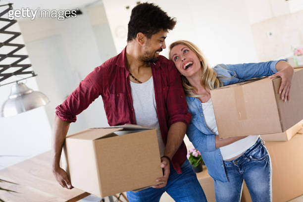 home, people, moving and real estate concept - happy couple having fun ...