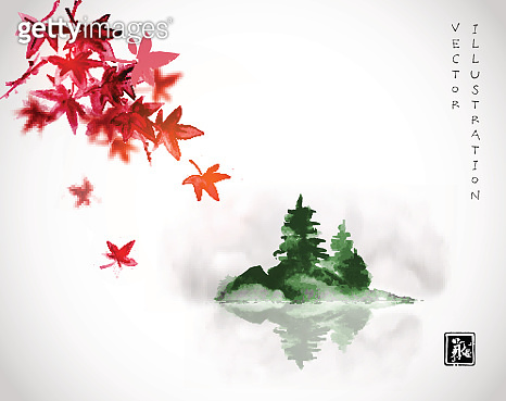 Red japanese maple leaves and island with green pine trees in fog ...