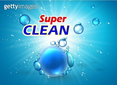 packaging design template for washing powder. Super clean. Soap bubbles ...