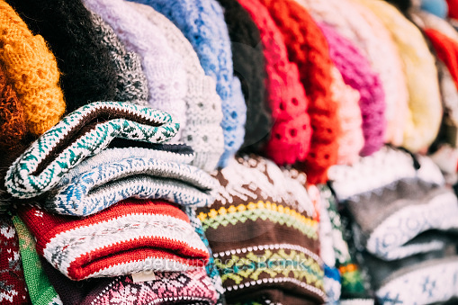 Traditional European Warm Clothes - Caps, Hats At Winter Christmas ...